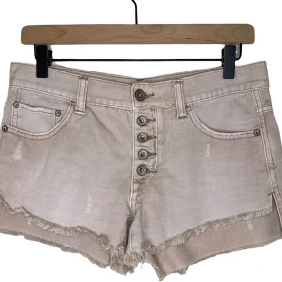 Free People | Shorts | Free People Tan Distressed Denim Button Fly ...
